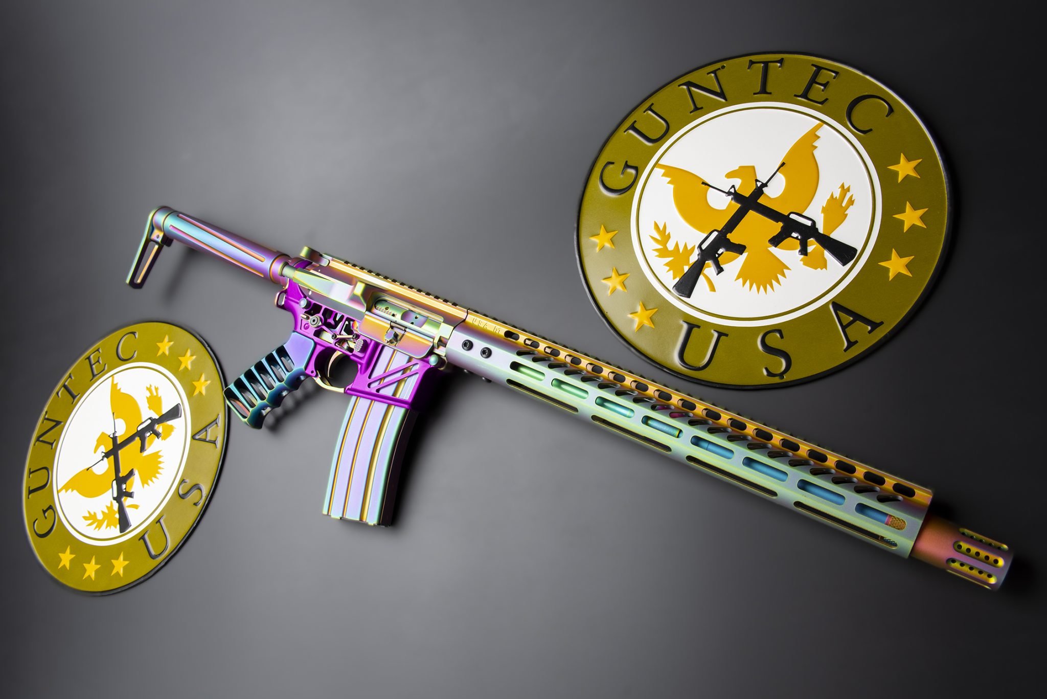 AR-15 Micro Barrel Shroud with Multi Port Muzzle Brake Rainbow PVD Finish